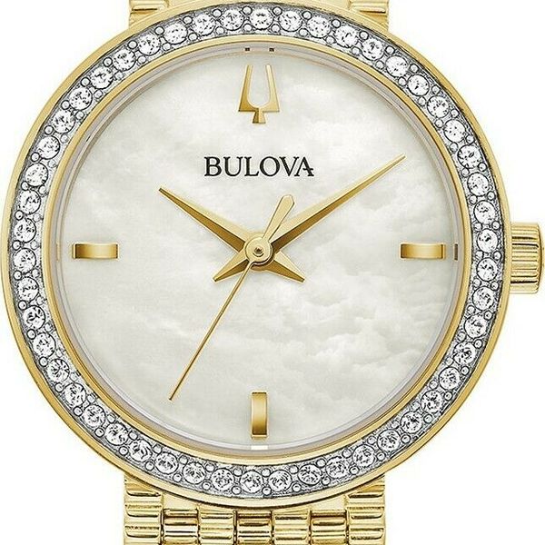 BULOVA $350 WOMEN'S DAZZLING CRYSTALS GOLD, M-O-PEARL DIAL WATCH ...
