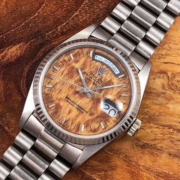 FS: 1988 18K WG Rolex Day-Date 18039 w/ Birch Wood Dial & Punched ...