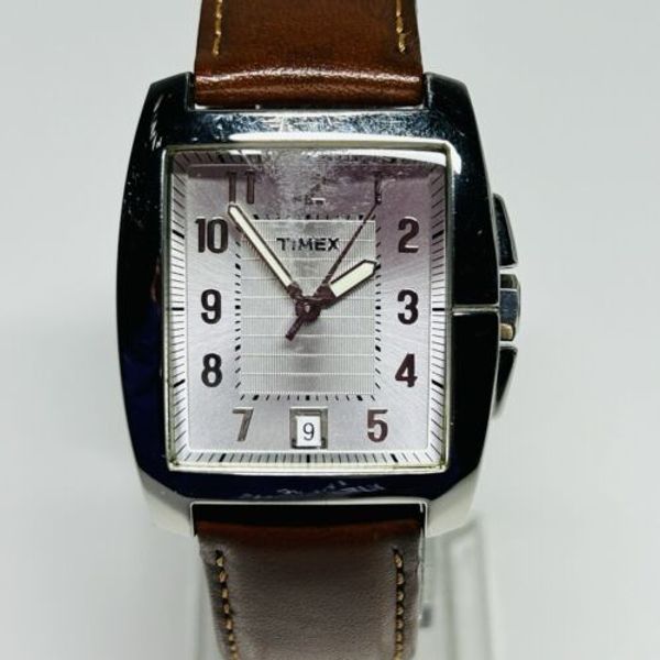 Timex Watch Men 33mm Silver Tone Brown Leather Rectangle Date New ...