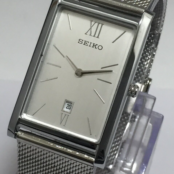 Seiko Slim Quartz Date Men's Wrist Watch Rectangle Japan Made Large ...