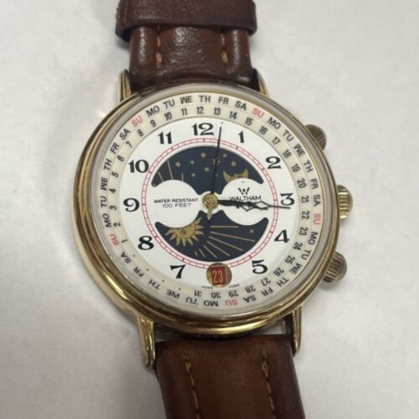 Waltham Quartz sun and moon face watch with brown leather strap ...