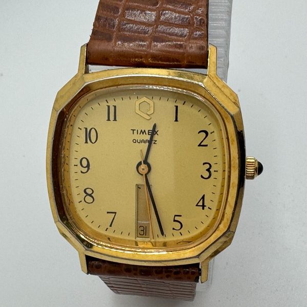 Vintage Timex Quartz Watch Men Gold Tone Barrel Day Date Leather New ...