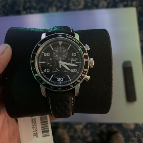 Mens Citizen Eco-Drive Black Leather Black Chronograph Watch CA0649-14E ...