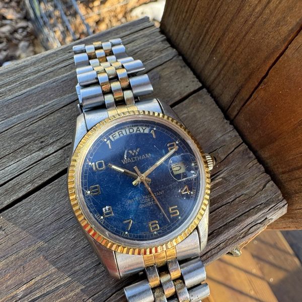 Vintage Waltham Quartz Day-Date Watch Blue Dial Two-Tone Bracelet ...