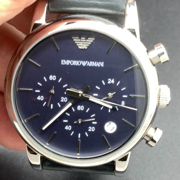 Emporio Armani AR1736 Chronograph Date Blue Dial Gray Leather Men's ...
