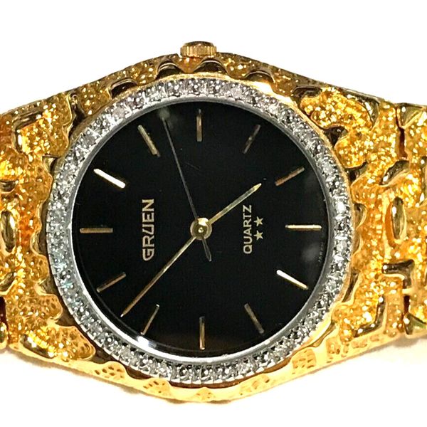 Vintage Gruen Quartz Genuine Diamonds Gold Plated Nugget Style Men's ...
