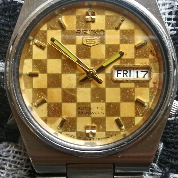 Vintage Seiko 5 Automatic Day Date 7S36 23 Jewels Rare Gold Checkered ...