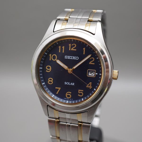 Seiko Spirit SBPN057 V145 Blue Dial Two Tone Solar Quartz Watch ...