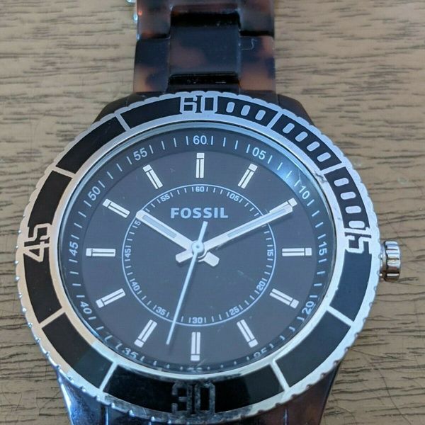 Woman's Fossil 38mm Tortoise Shell Watch Black Dial ES2458 Battery ...