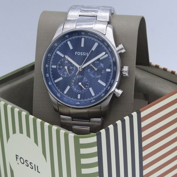 NEW AUTHENTIC FOSSIL SULLIVAN SILVER BLUE CHRONOGRAPH BQ2853 MEN'S ...