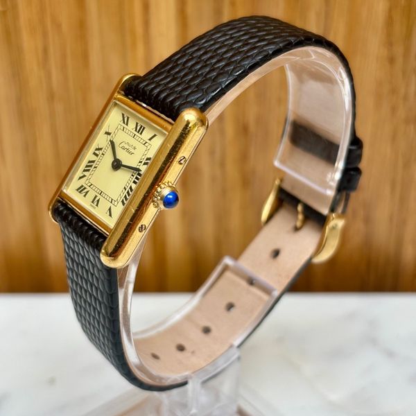 Ladies Cartier Tank Must Watch - 18k Vermeil Gold - Black Leather Strap ...