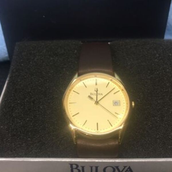 Vintage Bulova Date Quartz Gold-Tone Brown Leather watch 97B43 ...