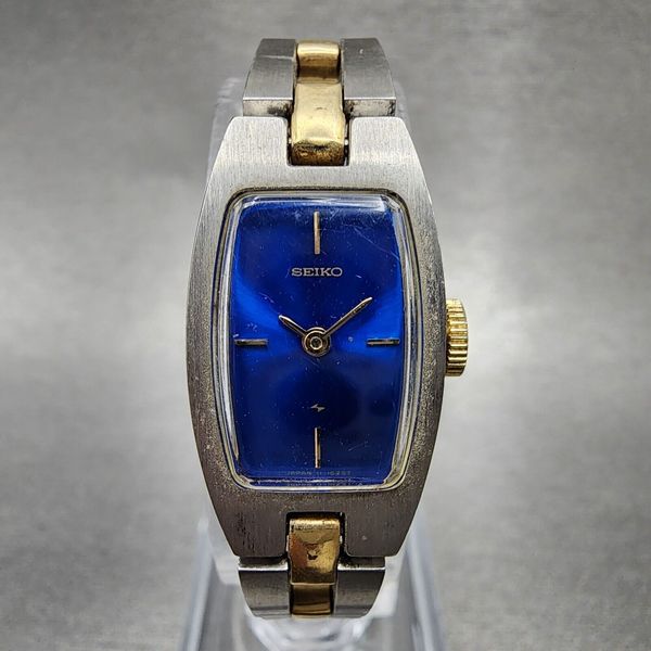 VTG Seiko Watch Women 15mm Blue Dial Two Tone Rectangle Manual Wind 11 ...