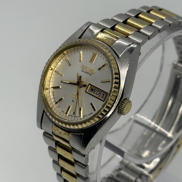 VTG Seiko SQ Watch Women 25mm White Dial Two Tone Daydate Round 8523 ...
