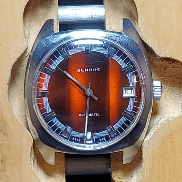 1970's BENRUS Automatic Watch Burgundy Dial 3D Indices - Running ...
