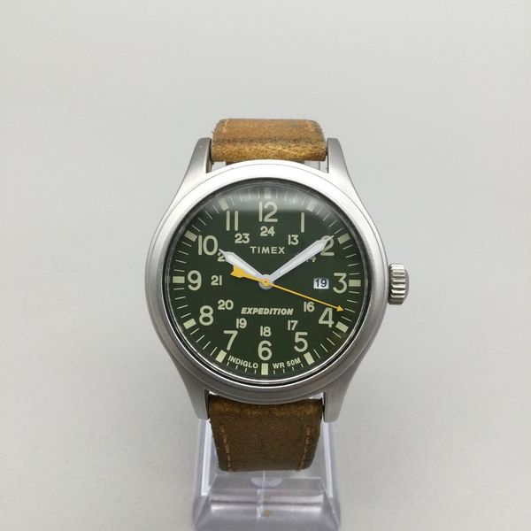 Timex Expedition Watch 40mm Mens Green Dial Date Indiglo 50M Leather ...
