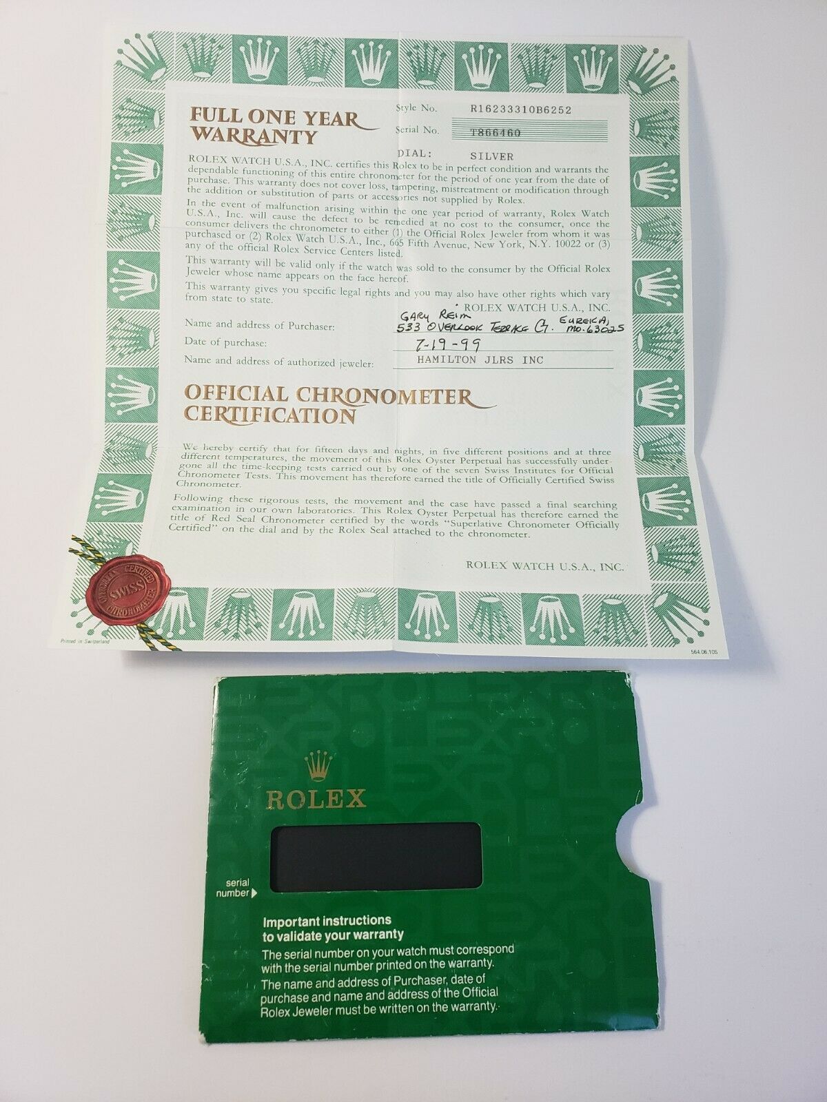 ROLEX DATEJUST 16233 GUARANTEE CERTIFICATE PAPER & HOLDER | WatchCharts