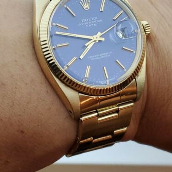 Rolex Date red 1503 14k SOLID Yellow Gold 34mm Oyster Blue Dial 6-7/8 ...