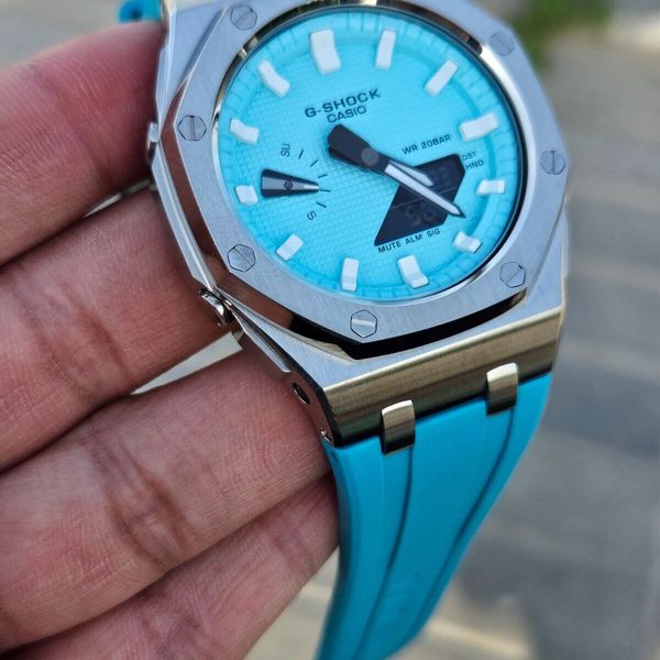 Custom Casio GA-2100 Sky Blue Mod Watch | Stainless Steel Bezel | G ...