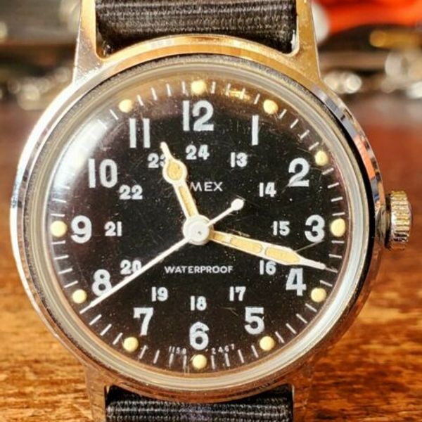 vintage 1967 TIMEX MILITARY STYLE WATCH 24HR DIAL 30.5MM CASE FREE ...
