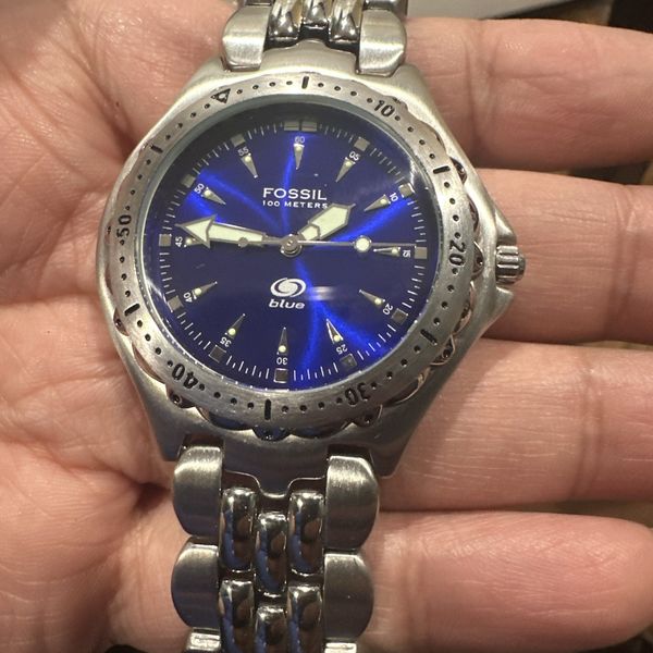 Working Fossil Blue 40mm Menâ s Divers Watch 100 Meters Steel Band New ...