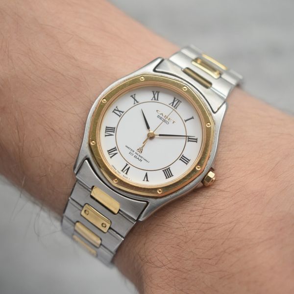 2000 Seiko Cadet Two Tone Bracelet Men's Rare White Dial Quartz Watch ...