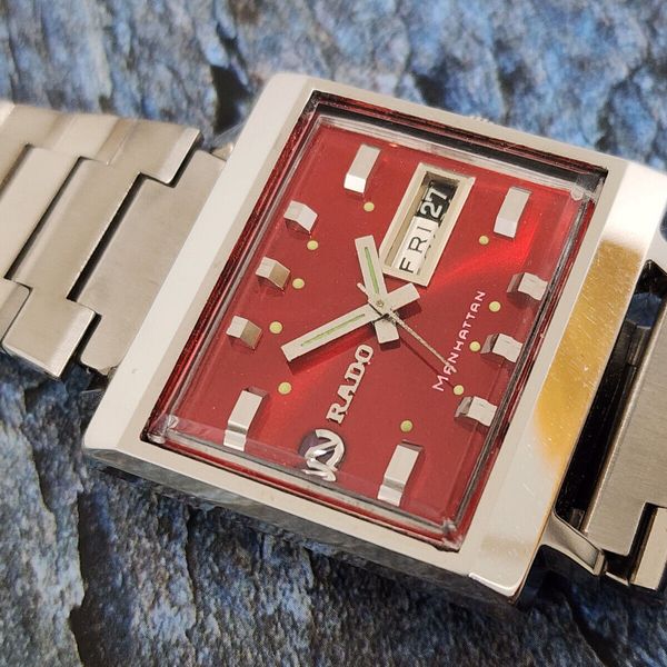RARE RADO MANHATTAN AUTOMATIC DAY/DATE SWISS MADE VINTAGE RED DIAL ...