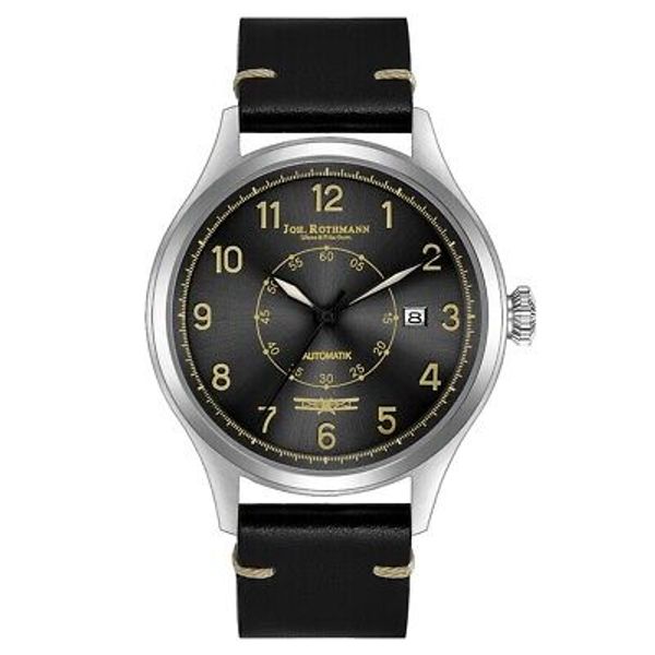 Joh. Rothmann Men's Automatic Watch Flight Silver Genuine Leather Black ...