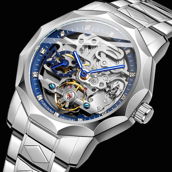 Men Forsining Automatic Watch Stainless Steel Strap Skeleton Mechanical ...