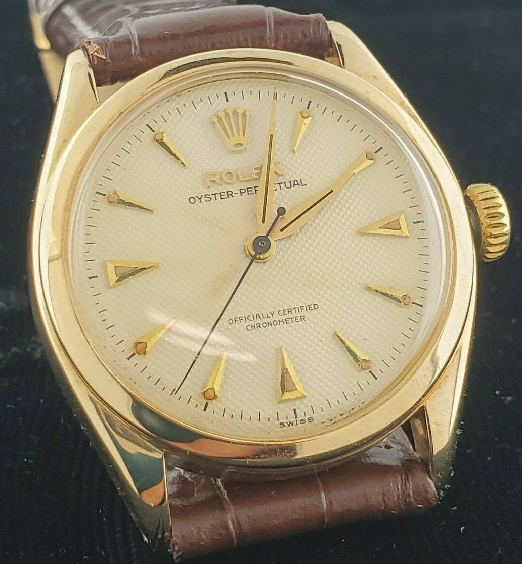 VINTAGE ROLEX OYSTER PERPETUAL BUBBLE BACK 14K YELLOW GOLD WATCH 6084 ...