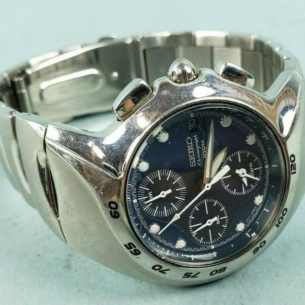 Seiko Chronograph 3185-b1 Analog Tachymeter 100m Water Resistance Blue ...