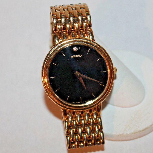 Mens Seiko 7N00-F169 Gold Plated Black Dial Quartz Watch Running ...