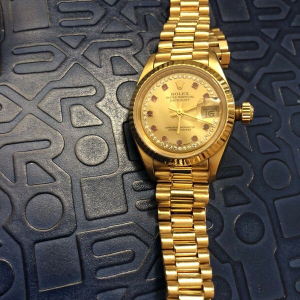 Ladies 18k President Rolex watch factory diamond and ruby 6" wrist ...