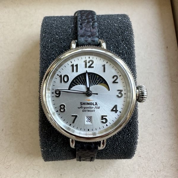 Shinola The Birdy 34mm Ladies Watch Moon Phase Silver Toned Black ...