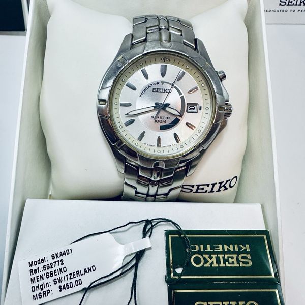 Seiko Men's Kinetic Date Silver White Dial Stainless Steel SKA401 w/Box ...
