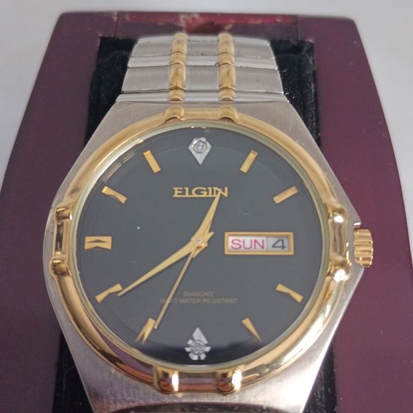 Elgin Silver Gold Tone Watch Day Date Works Great New Battery FG132 ...