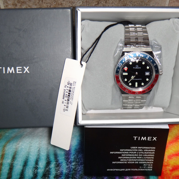 Timex Q GMT 38mm Stainless Steel Black Dial Men Quartz Watch TW2V38000 ...