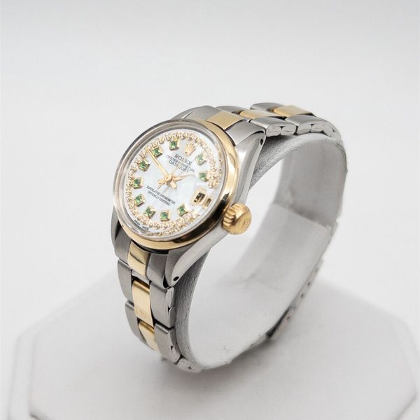 $9000 ROLEX DATEJUST Emerald Diamond 18k Yellow Gold SS Ladies Watch ...