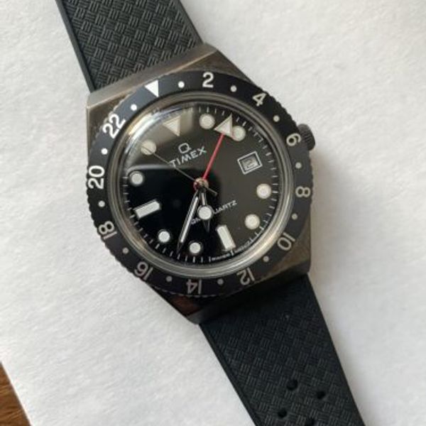Black and Gunmetal Grey Q Timex GMT 38mm on Synthetic Rubber Strap ...