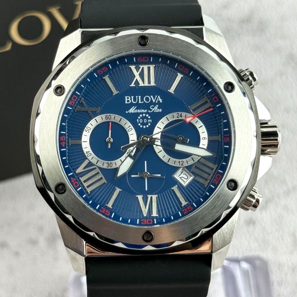 Bulova Marine Star 44mm Blue Dial Black Rubber Strap Quartz Men's Watch ...