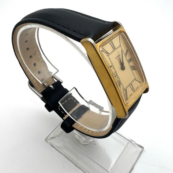 Vintage TIMEX Tank Mechanical Watch Gold Tone Roman Numerals ...