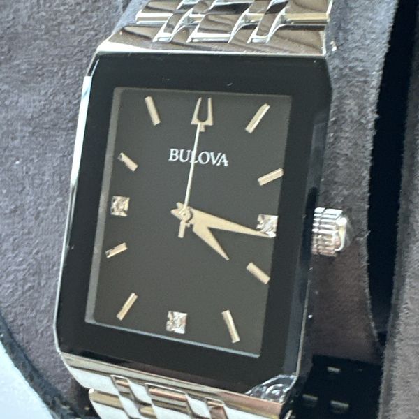 Bulova Quadtra Mens Quartz Diamond Black Dial Watch 30mm 96D145 ...