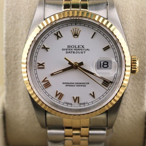 1993 Rolex Datejust 16233 White Roman Dial TT 18kt Jubilee With Papers ...