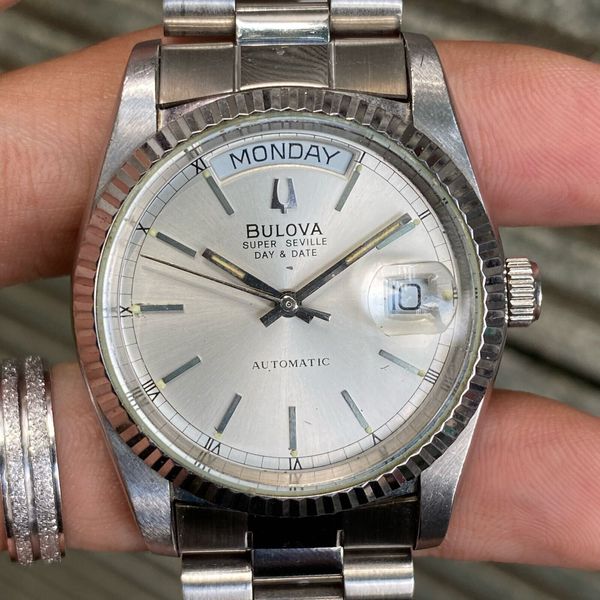 Rare Bulova President Super Seville Day Date Silver Automatic Vintage ...