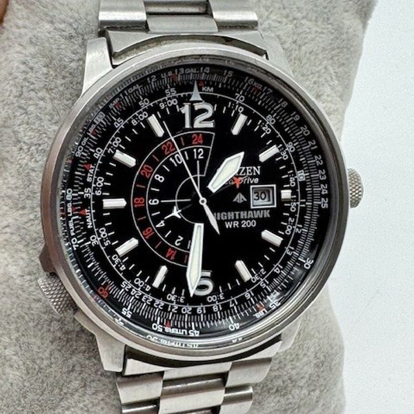 Men's Citizen Eco-Drive Nighthawk WR 200M Silver Tone Date Watch WORKS ...