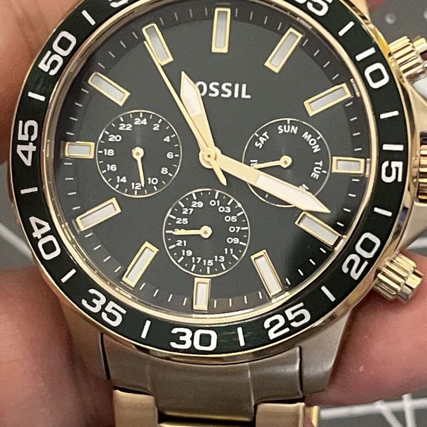 FOSSIL Bannon Mens Multifunction Watch Dark Green Dial Gold Stainless ...