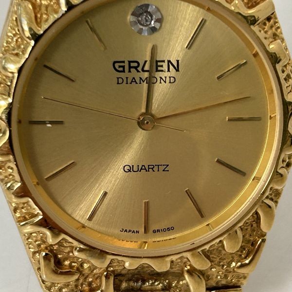 Gruen Diamond Watch Menâ s Quartz Watch Gold Tone Nugget Band Vintage ...