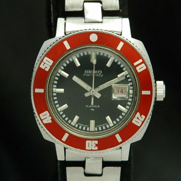 1960s SEIKO MATIC LADY 21 JEWELS AUTOMATIC Boy RED DIVER WATCH 21J VTG ...