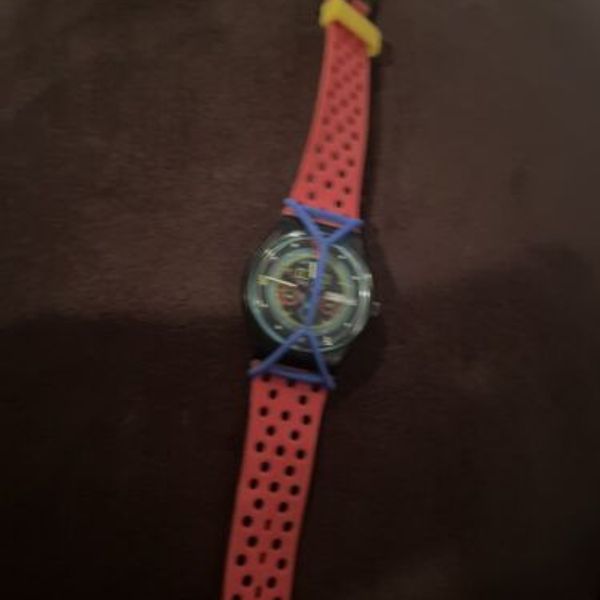 Vintage 1980s original swatch watch red band black Dial With graphics w ...