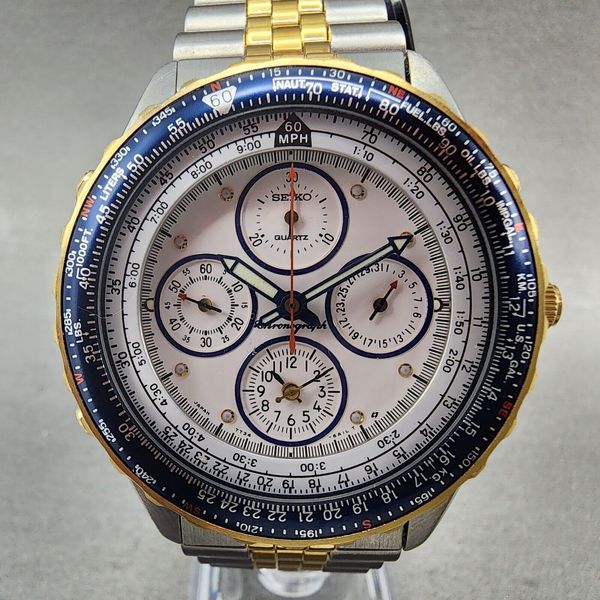 Seiko Flightmaster Watch Men 41mm White Dial Two Tone Date Alarm NOS ...